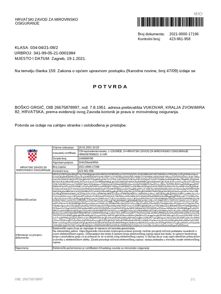 Potvrda o Koristenju Prava Iz Mirovinskog Osiguranja | PDF