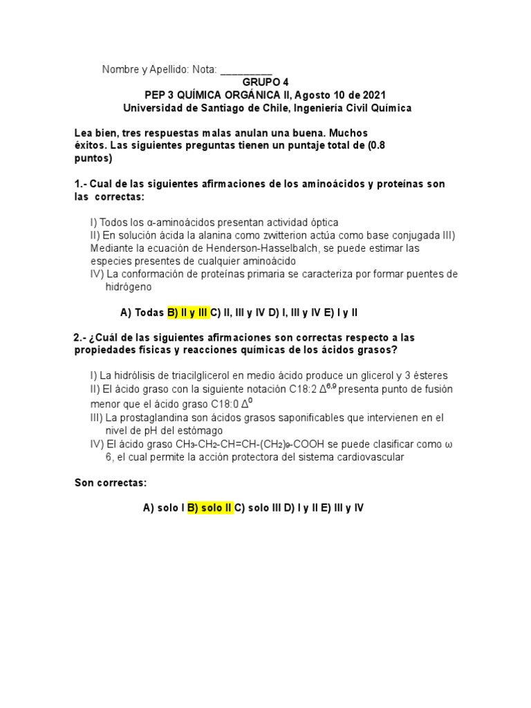 QOII - PEP 3. Grupo 4F | PDF | Ácido | Glucosa