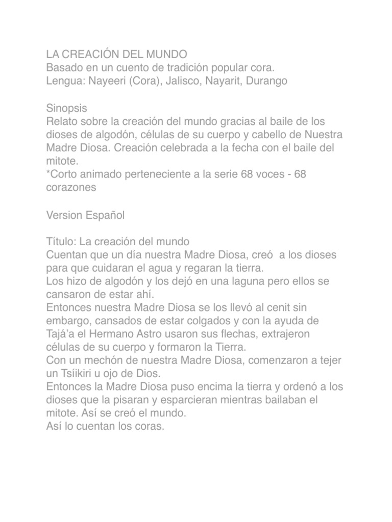 La Creación Del Mundo. Cuento de Tradición Popular Cora | PDF