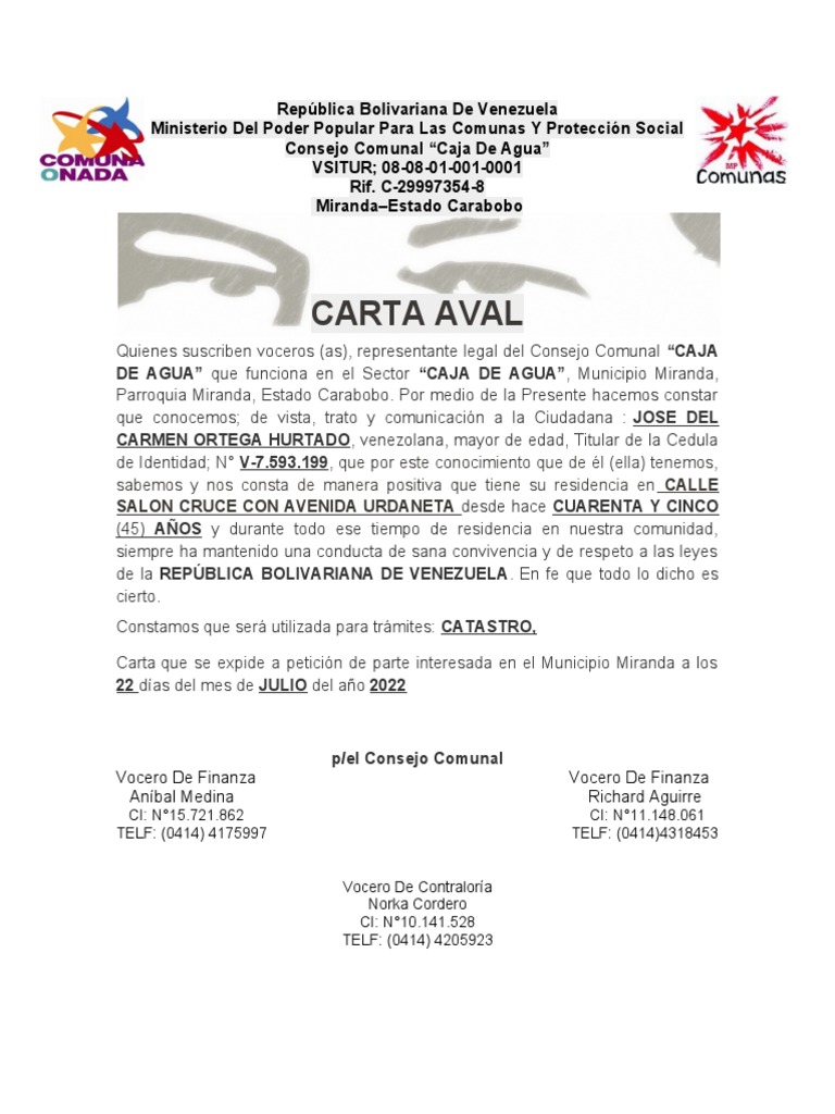 Carta Aval de Residencia Elias | PDF | Derecho