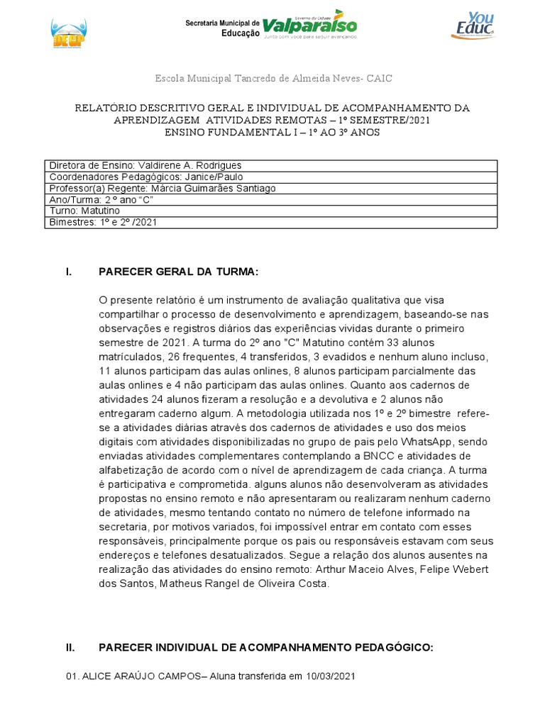 Sugestao de Relatório Semestral Da Turma | PDF