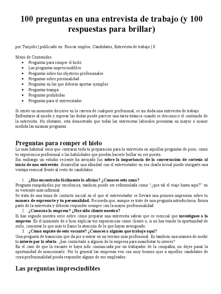 100 Preguntas y Respuestas para Entrevistas | PDF | Entrevista de ...