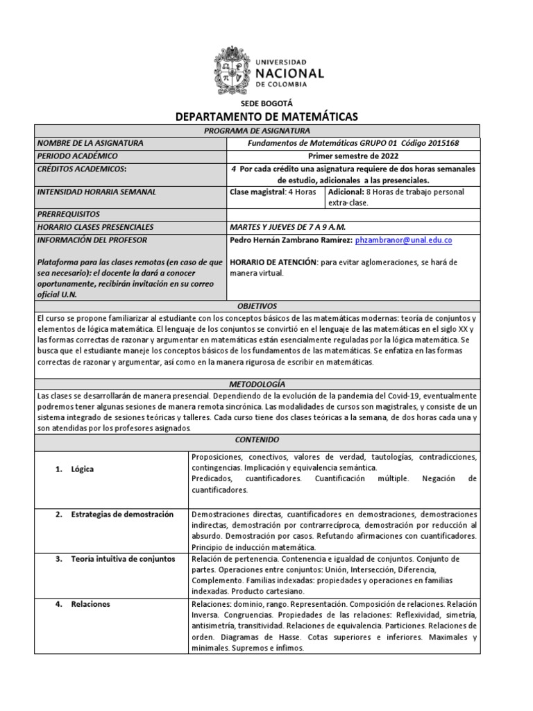Programa Fundamentos de Matemáticas 2022-1 | PDF | Métodos y materiales ...