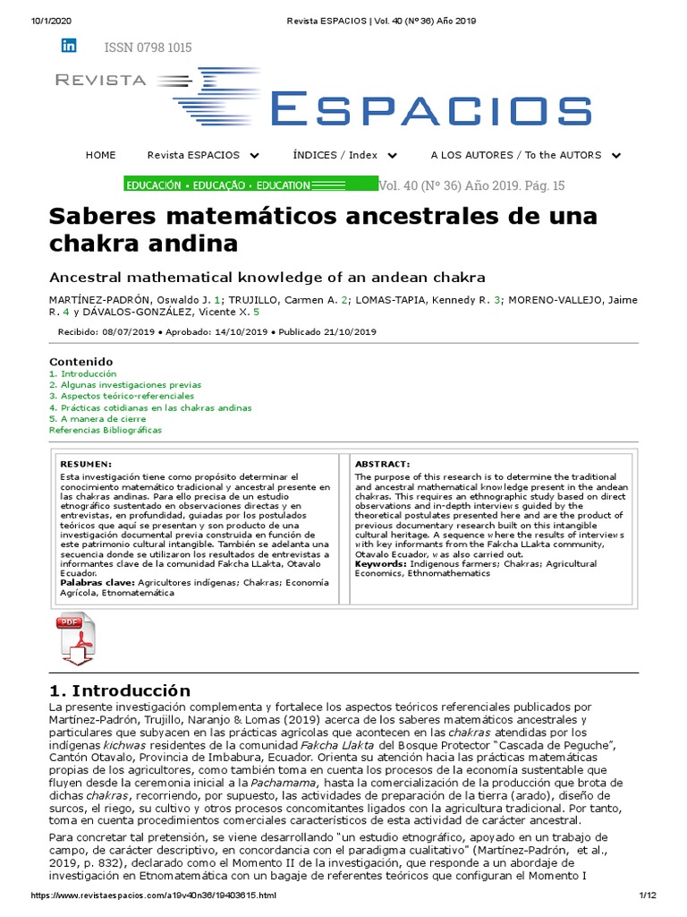 Saberes Matemáticos Ancestrales de Una Chakra Andina (Ancestral ...