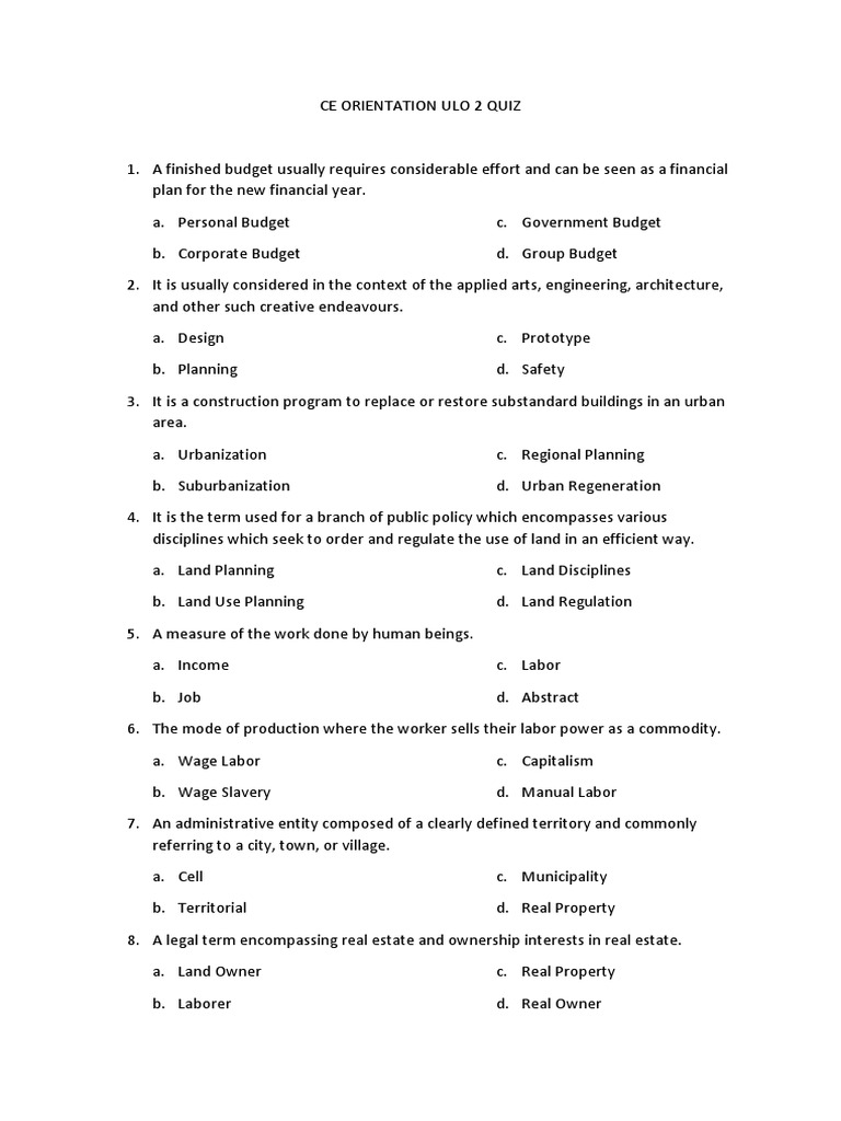 CE Orientation ULO 2 Quiz Questions | PDF | Labour Economics | Property
