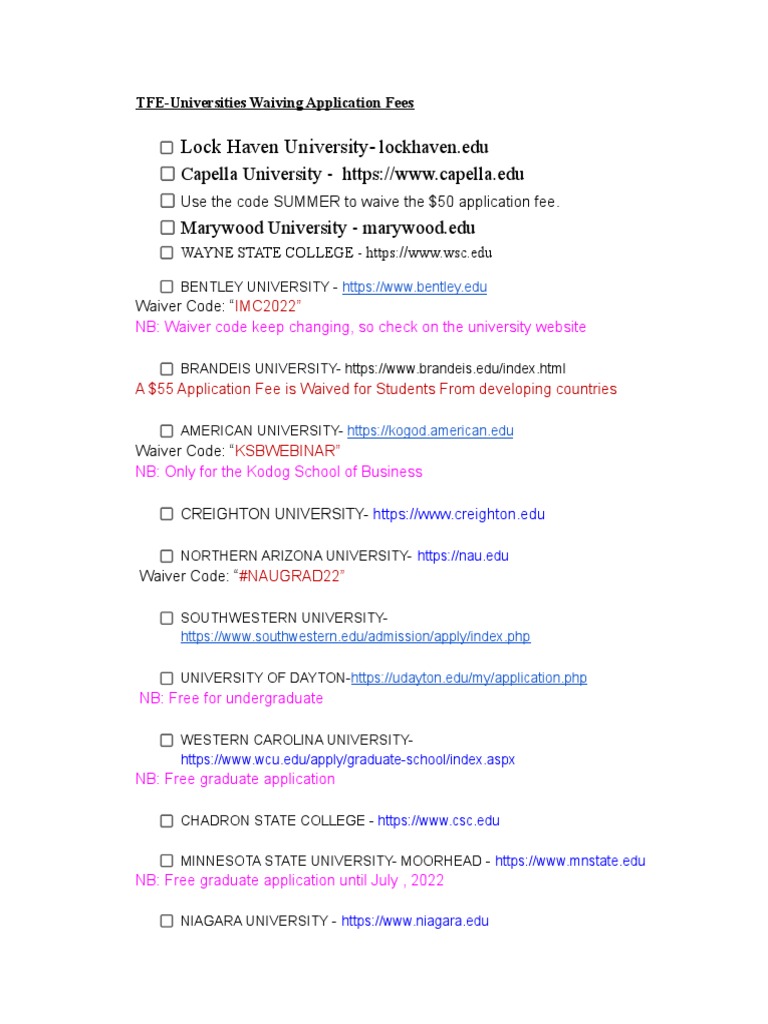Universities Offering Application Fee Waivers | PDF | Higher Education