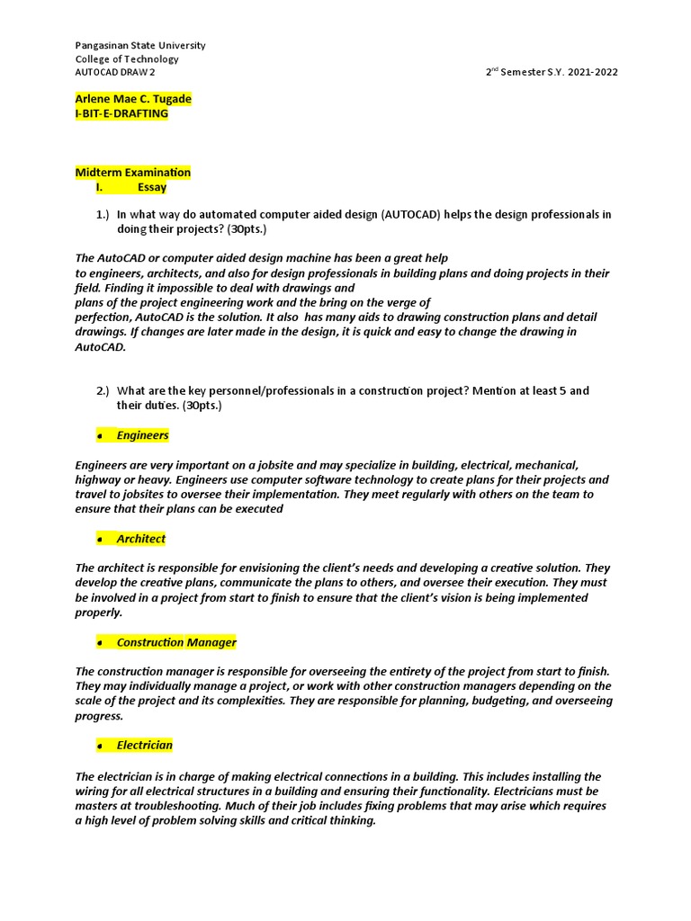 Arlene Mae C. Tugade (I-Bit-E-Drafting) Midterm-Exam | PDF