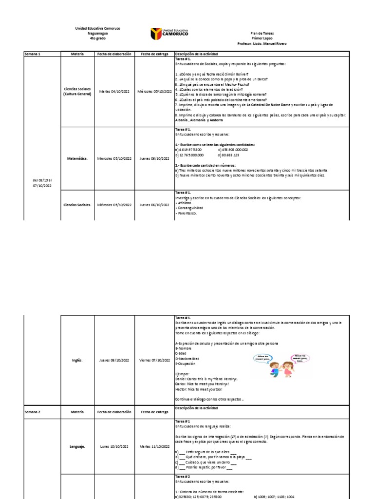 Plan de Tareas 4to Grado 1er Lapso. 2022 2023 | PDF | Roma antigua | El Principito