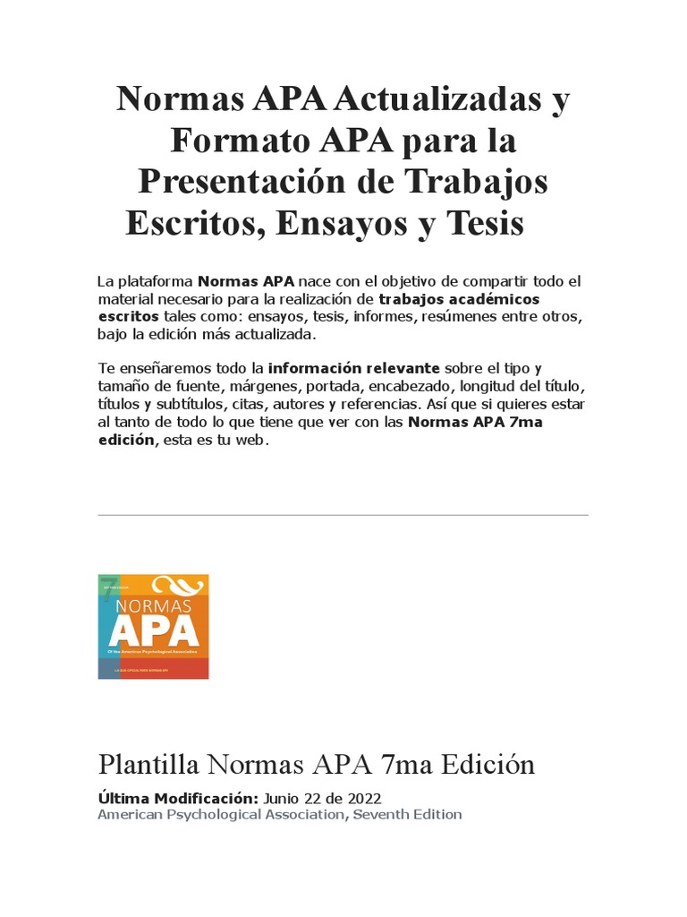 Normas APA Actualizadas y Formato APA para La Presentación de Trabajos Escritos | PDF | Estilo ...