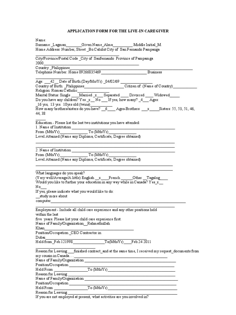 Application Form For The Live | PDF | Nanny | Child Care