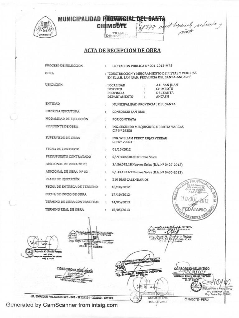 Acta Recepcion Pistas Veredas Chimbote | PDF