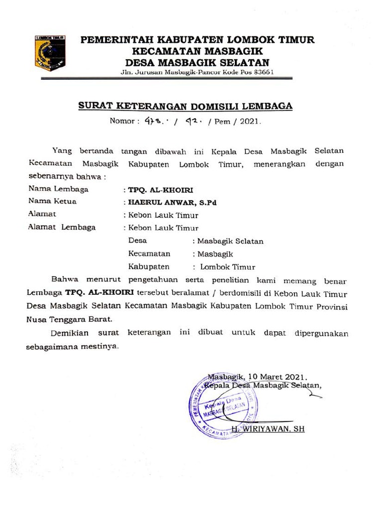 Surat Keterangan Domisili TPQ Al-Khoiri | PDF