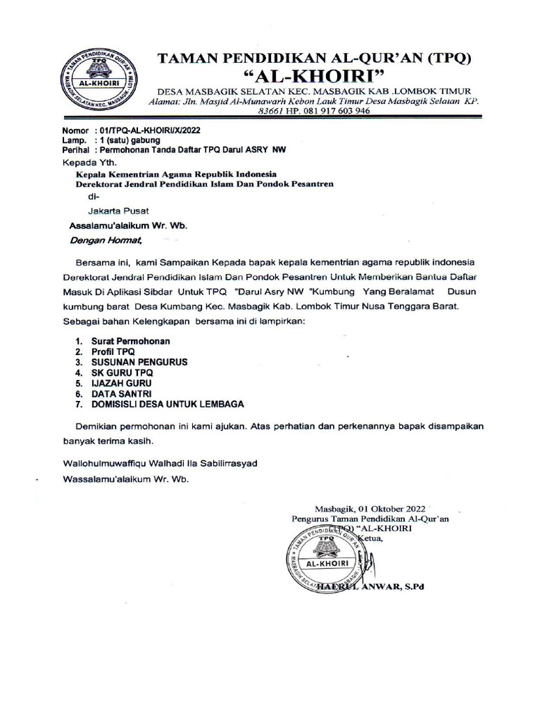 Surat Permohonan Tanda Daftar TPQ Al-Khoiri | PDF