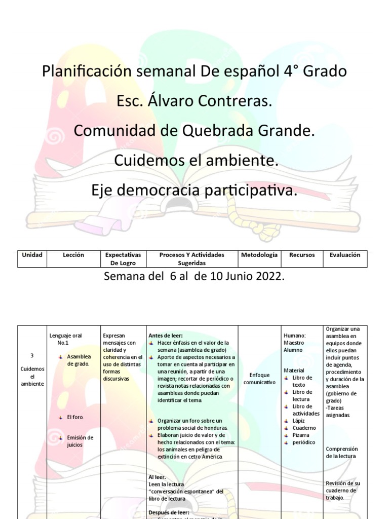 Planes-de-Español-4°-Grado Alvaro Contreras | PDF | Evaluación ...