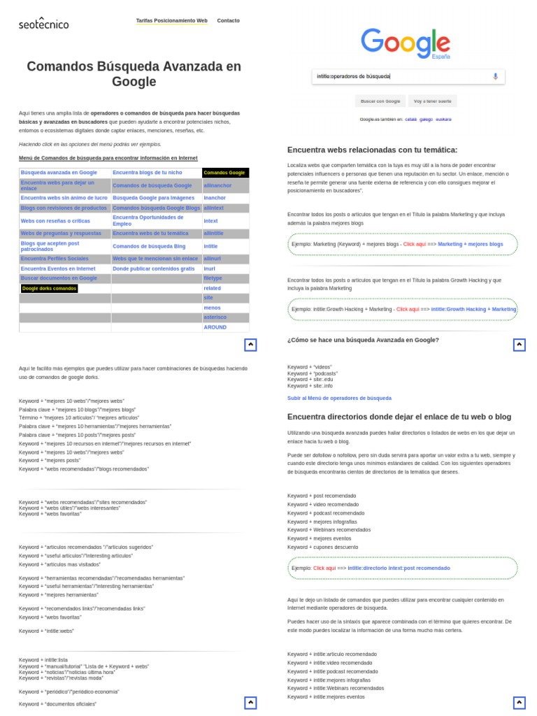 Comandos Búsqueda Avanzada en Google - Hacking - Dorks | PDF | Blog | Página web