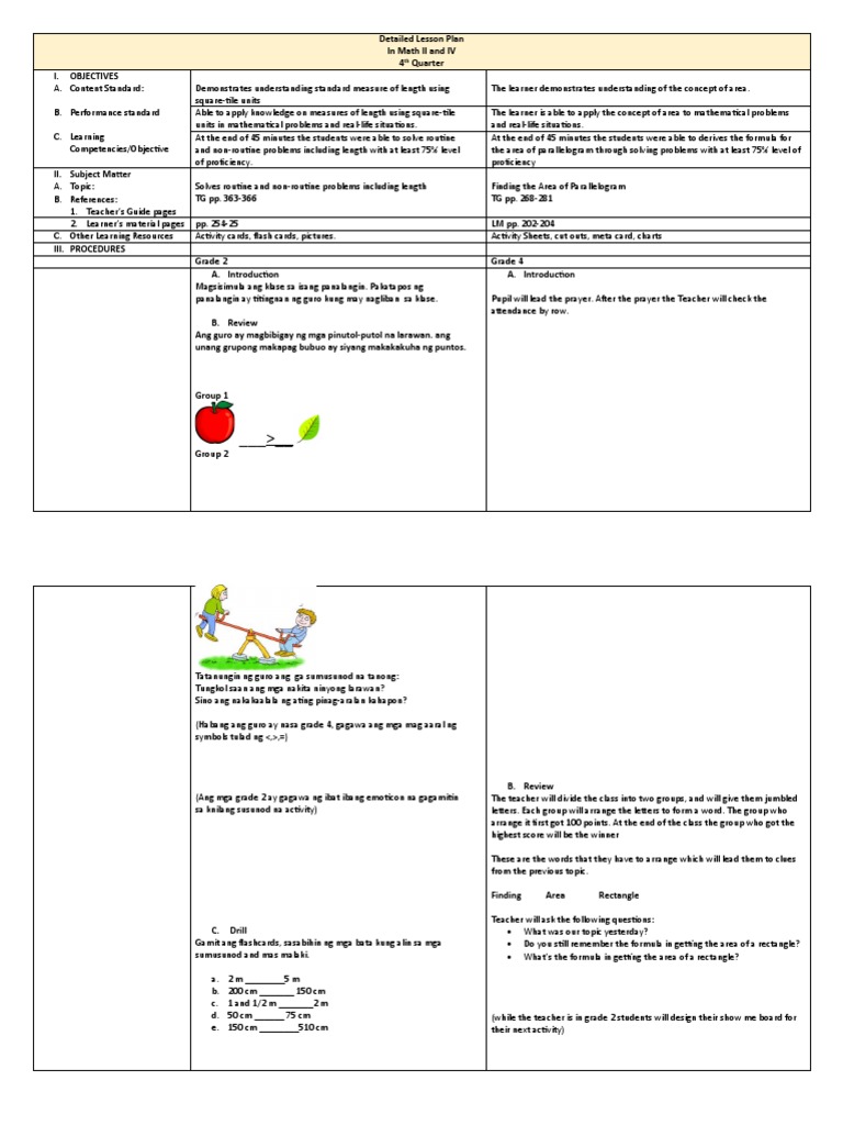 Detailed Lesson Plan in Math Quarter IV Grades 2 and 4 | PDF | Area | Lesson Plan