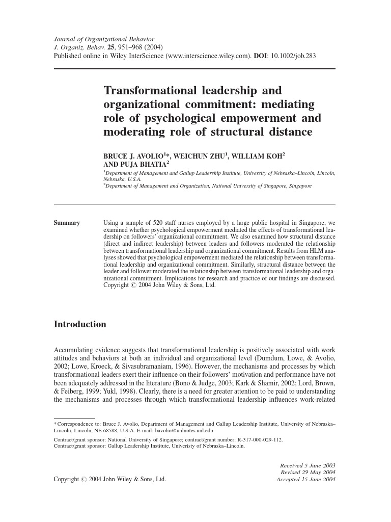 Avolio (2004) - Transformational Leadership and Organizational Commitment Mediating Role of ...