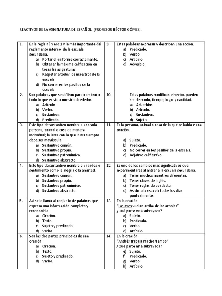 Reactivos de La Asignatura de Español | PDF | Adverbio | Predicado (Gramática)
