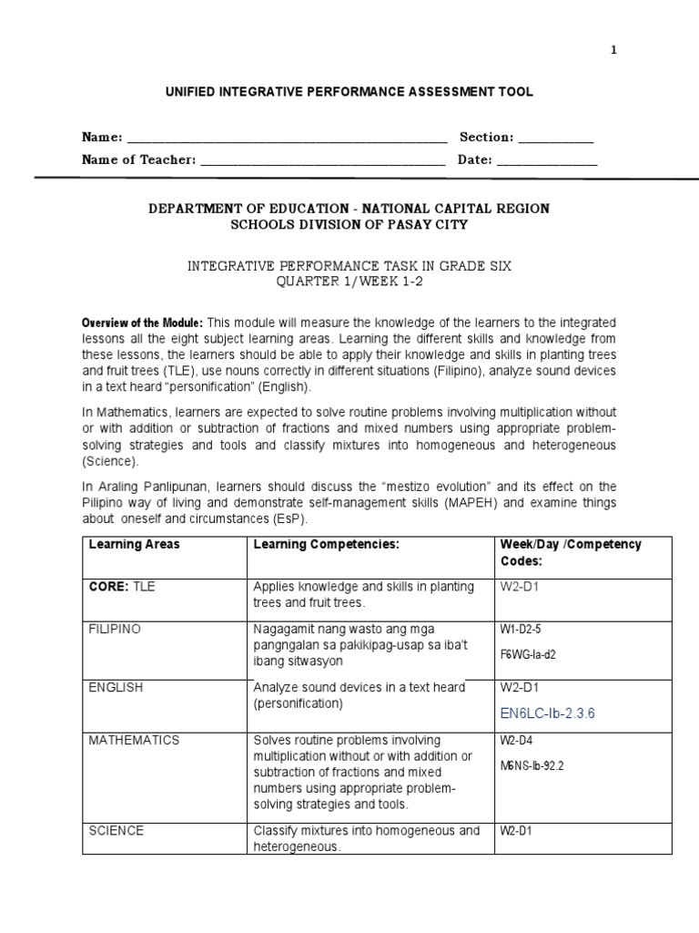 Week 1 2 Integrative Assessment TLE FILIPINO ENGLISH MATH SCIENCE AP ...