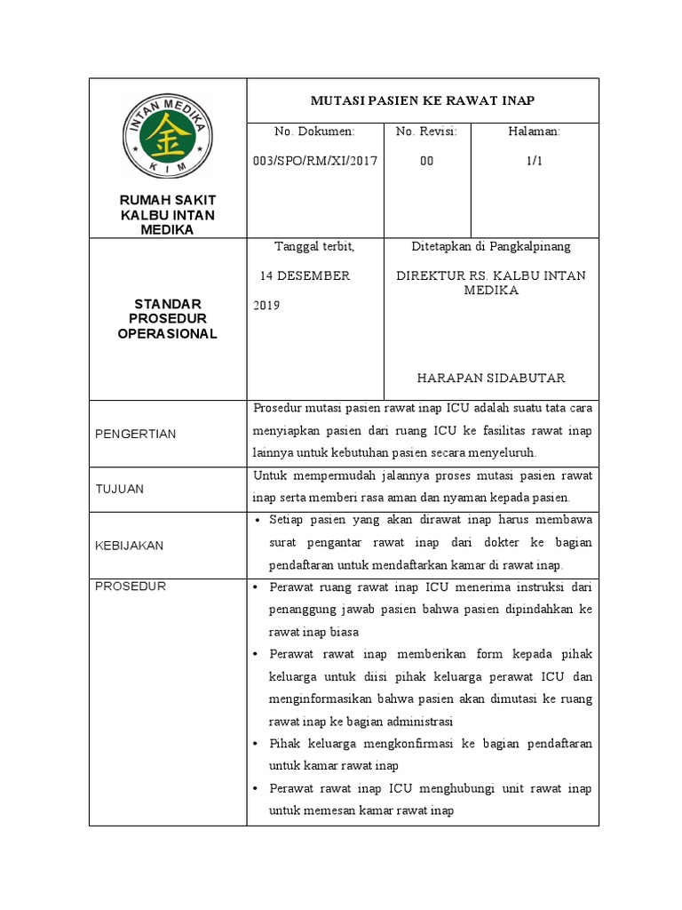 Sop Mutasi Pasien Icu Ke Ranap | PDF