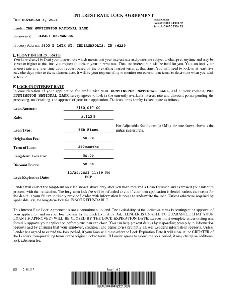 Interest Rate Lock Agreement | PDF | Loans | Interest