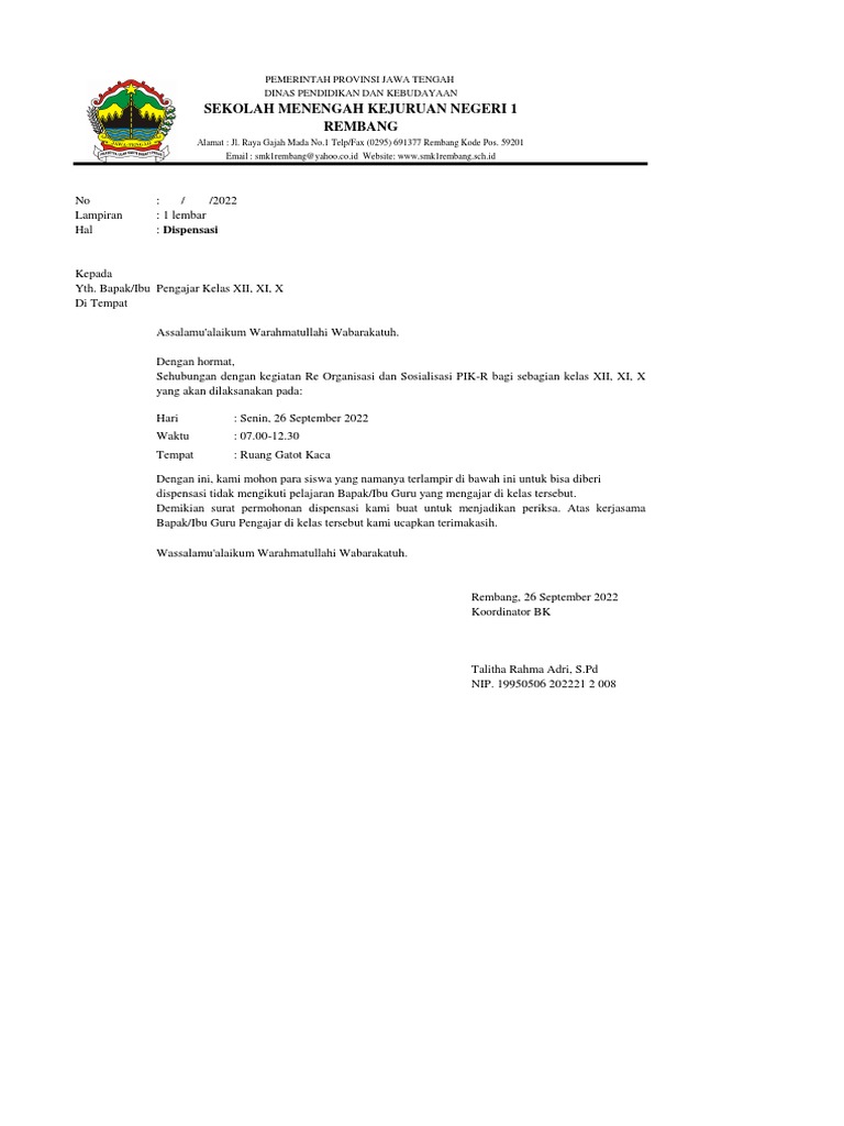 Surat Dispensasi Peserta PIK-R 2022 | PDF