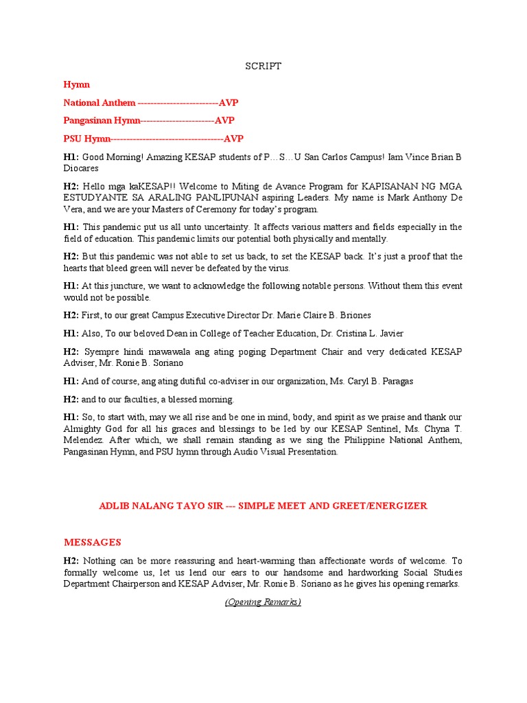 Script Miting de Avance | PDF