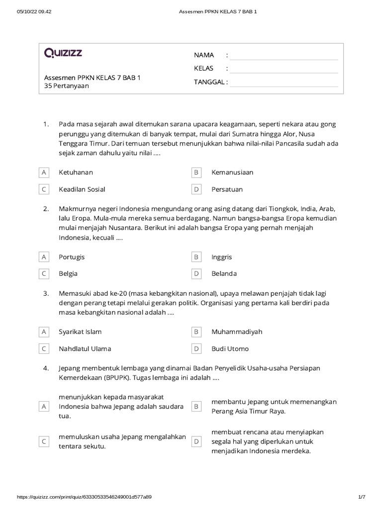 Kelas 7 PPKN Bab 1 Quiz | PDF