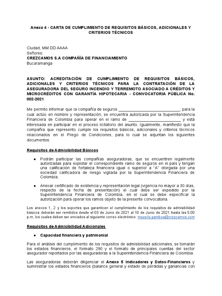 Anexo 4 Carta de Cumplimiento de Requisitos Basicos Adicionales y Criterios Tecnicos | PDF ...