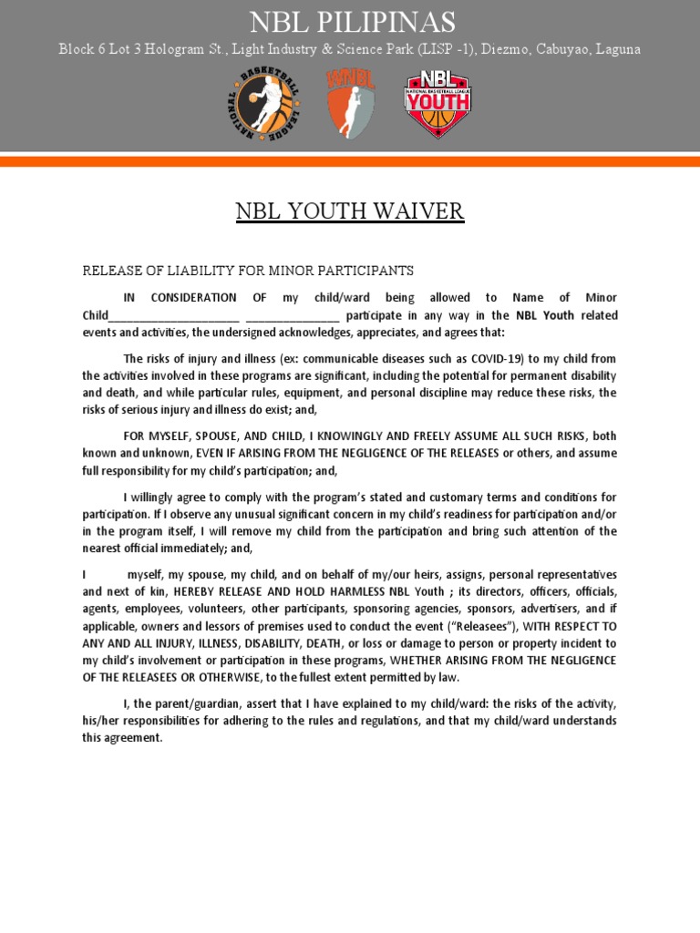 NBL Youth Waiver 1 | PDF | Legal Liability | Private Law NBL Youth Waiver 1 | PDF | Legal Liability | Private Law