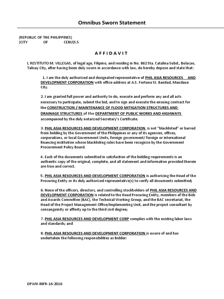 Omnibus Sworn Statement | PDF | Affidavit | Notary Public