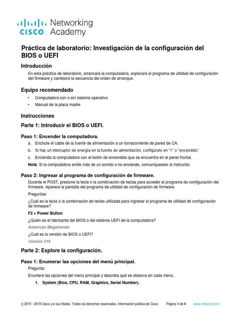 3.1.1.6 Lab Investigate BIOS or UEFI Settings | PDF | Bios | Arranque