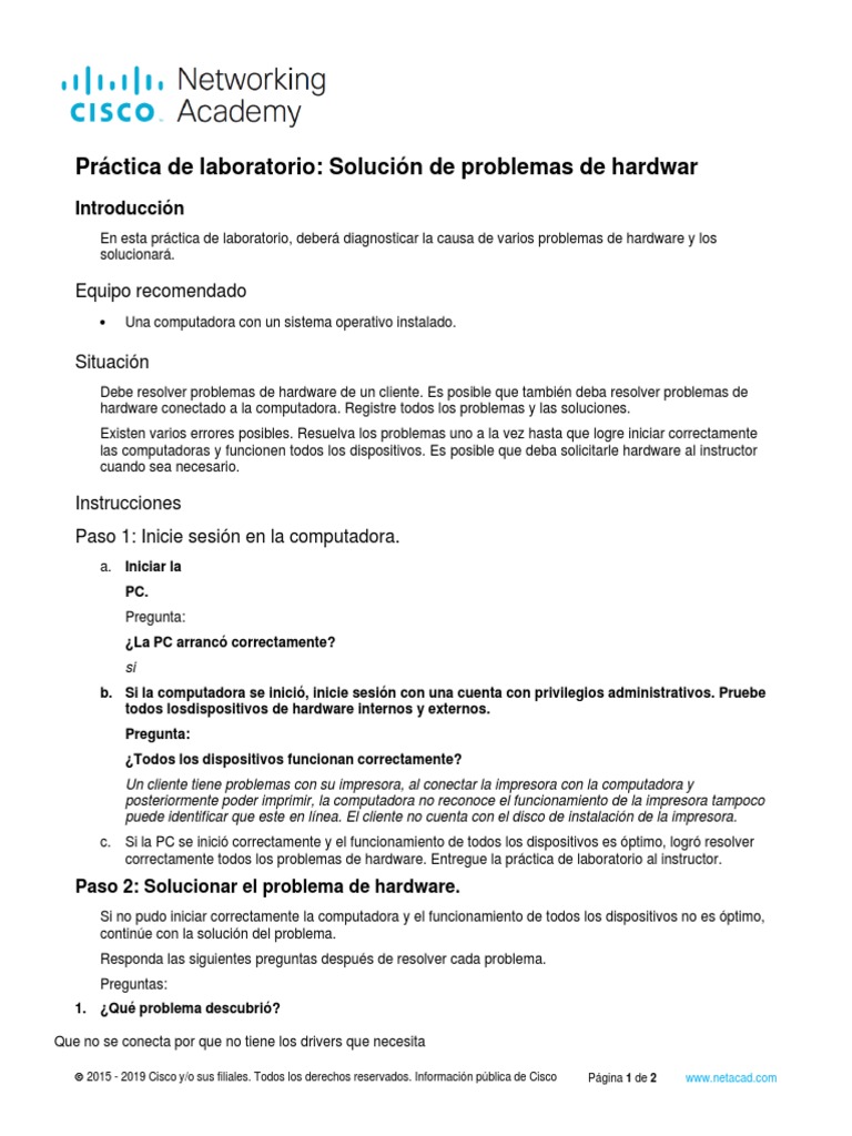 4.2.3.6 Lab - Troubleshoot Hardware Problems | PDF | Negocios | Informática