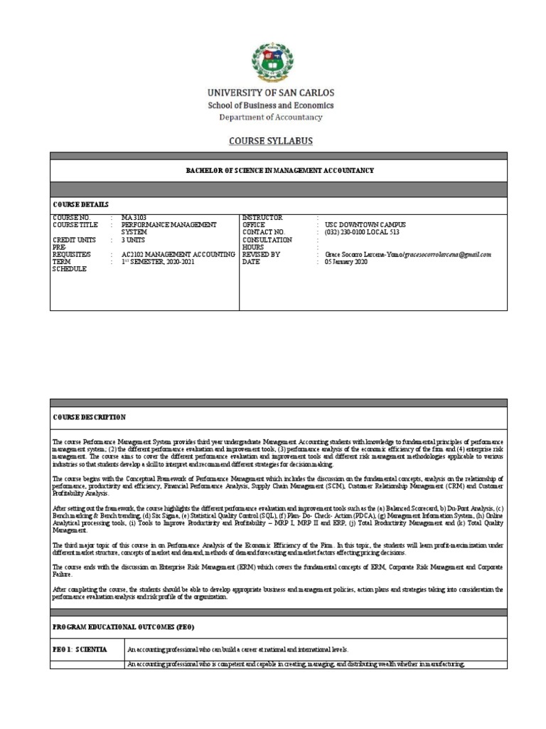 MA3102 Performance Management System Revised OBE Syllabus Final 081920 ...