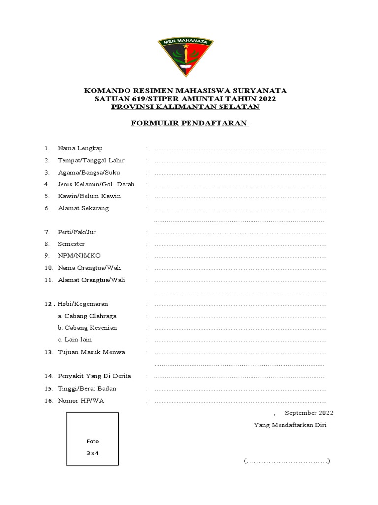 Formulir Pendaftaran Menwa 2022 | PDF