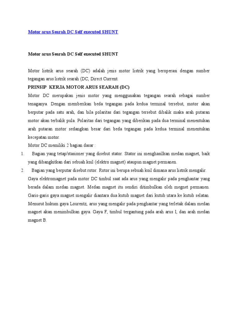 Motor Arus Searah DC Self Executed SHUNT | PDF