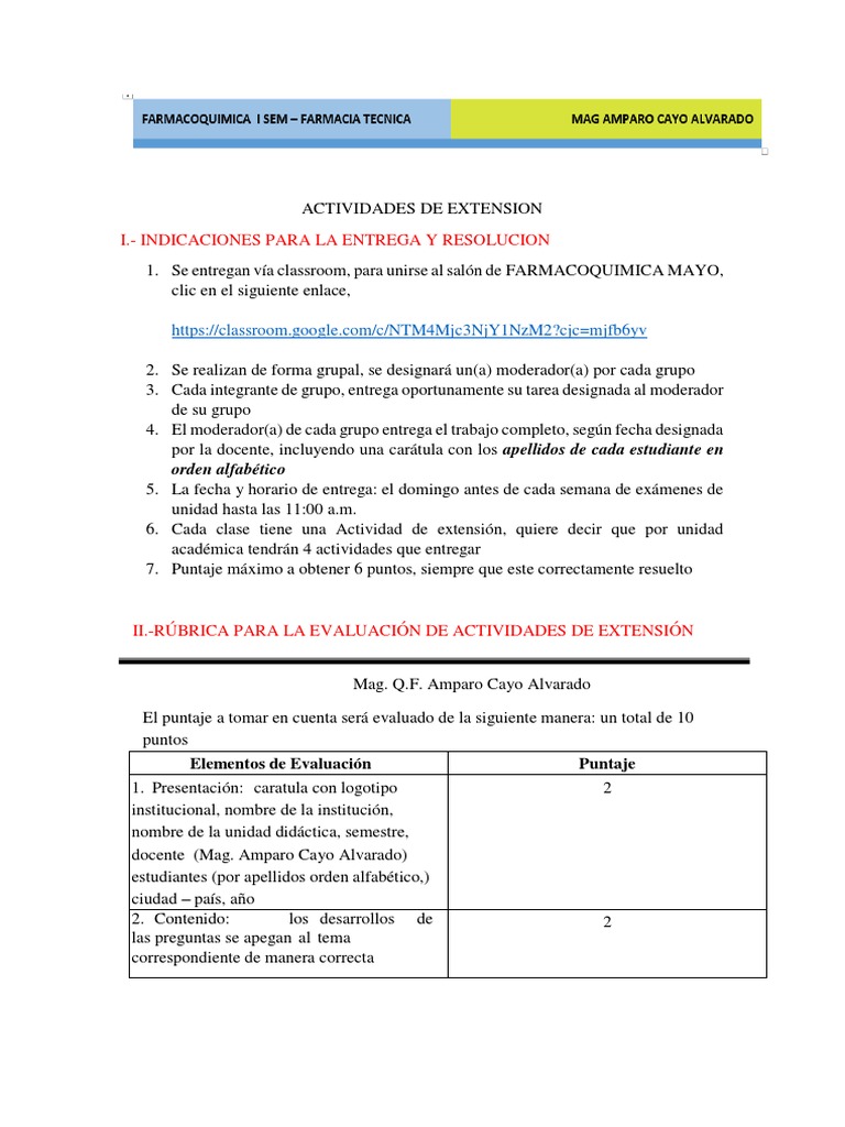 2.-Indicaciones y Rubrica para Actividades de Extension Farmacoquimica ...