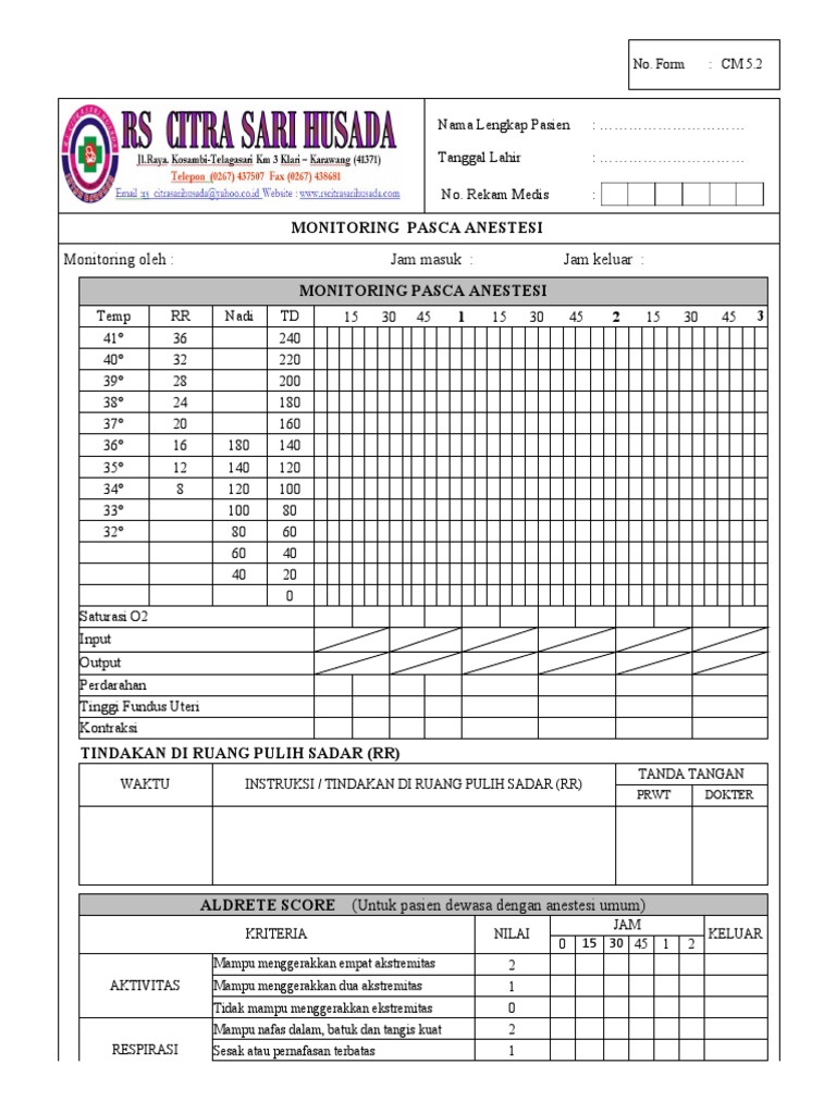 12 Form Monitoring Pasca Anestesi OKE Yaaaa | PDF