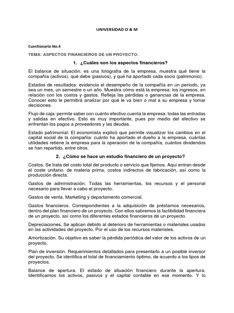 Aspectos Financieros de Un Proyecto Leonel Alexander Marine Perez 18-EISN-1-055 Secc 0821 | PDF ...