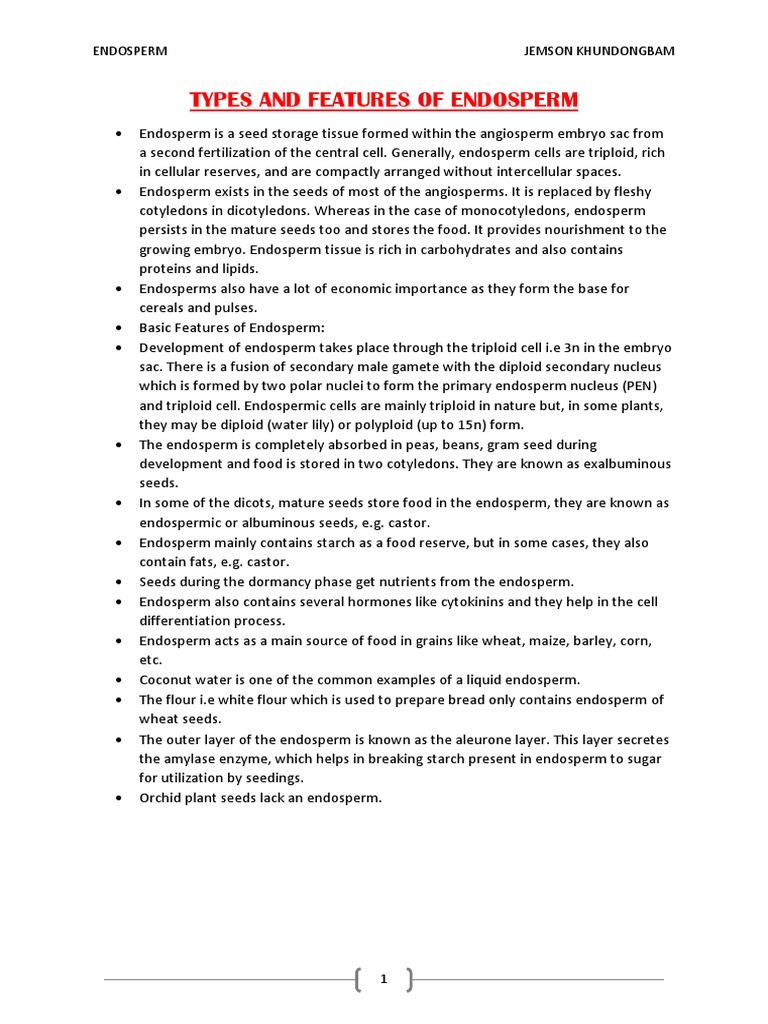 Types and Features of Endosperm | PDF | Seed | Organisms