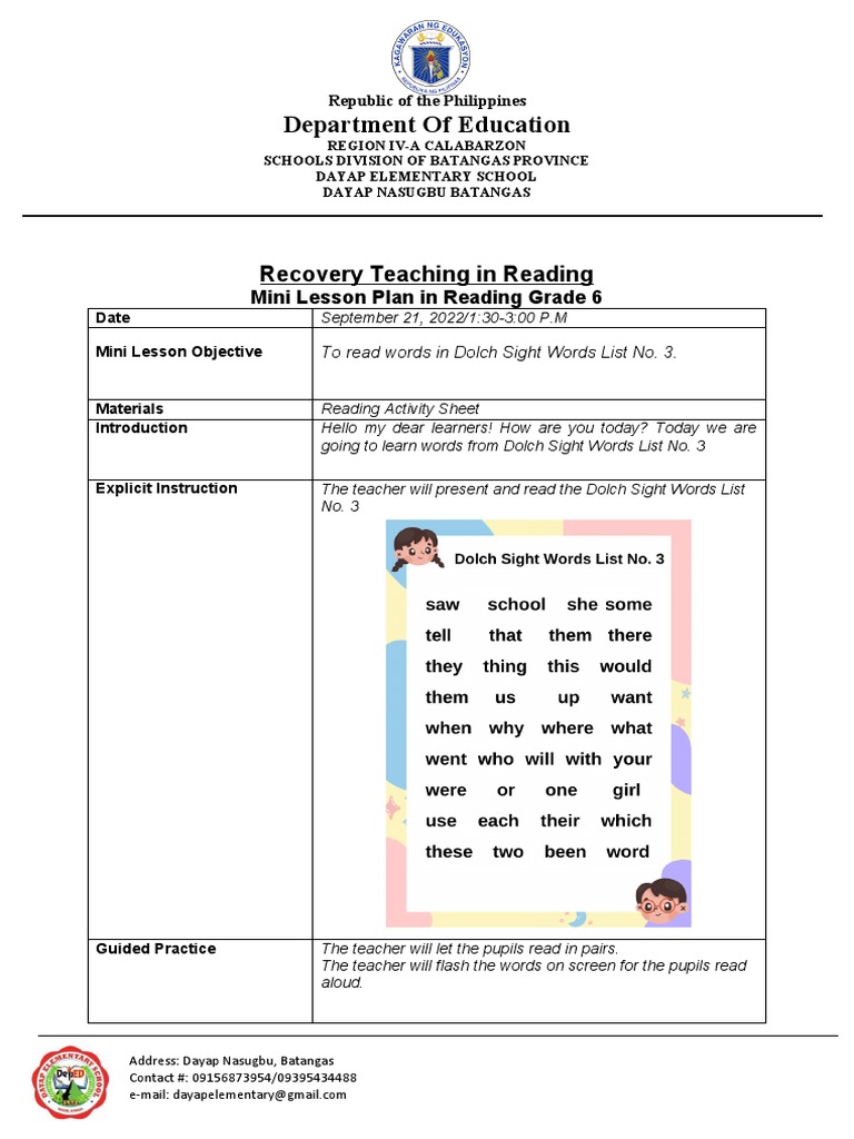 Dolch Sight Words Lesson Plan for Grade 6 | PDF | Teachers | Lesson Plan