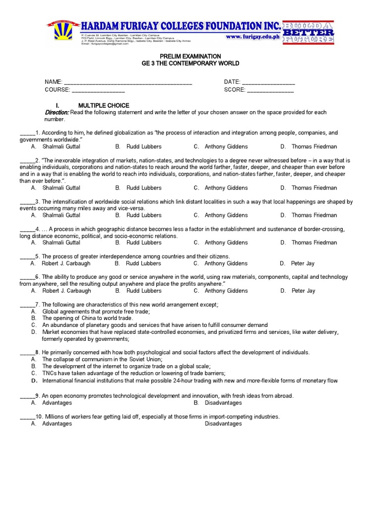 GE 3 Contemporary World Exam Guide | PDF | Politics