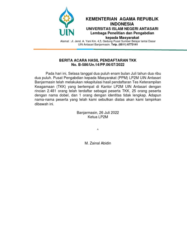Berita Acara Pendaftaran TKK | PDF