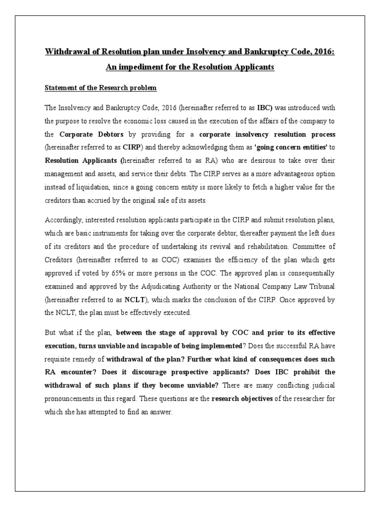 Withdrawal of Resolution Plan Under Insolvency and Bankruptcy Code ...