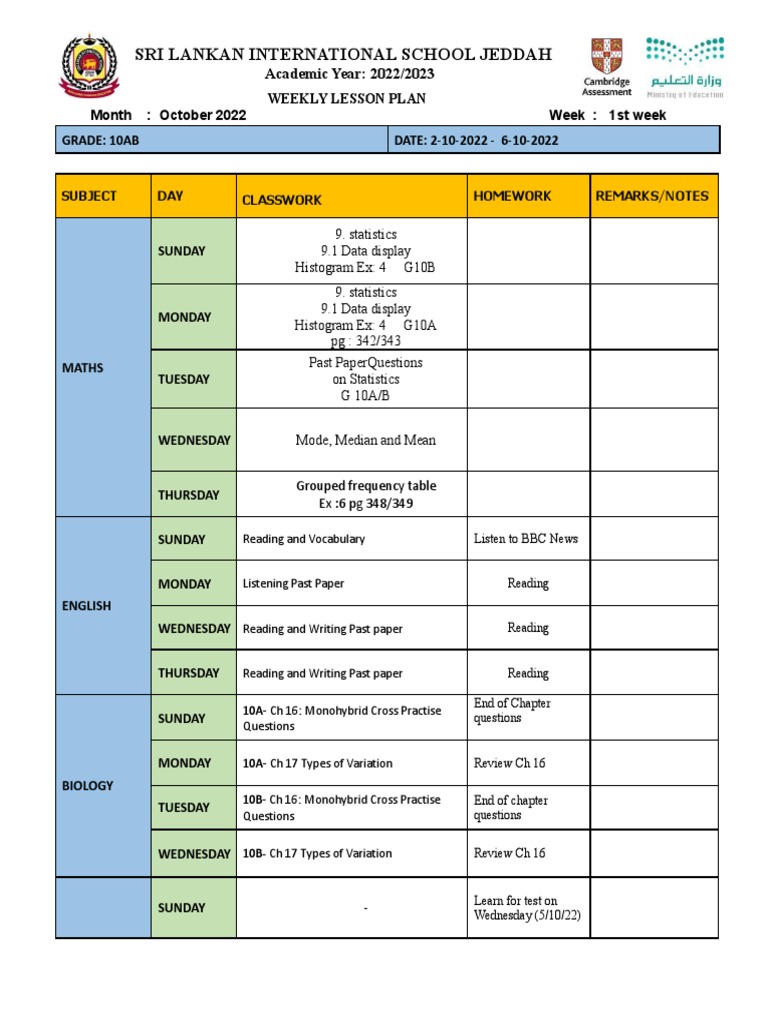 GR10 Weekly Lesson Plan | PDF