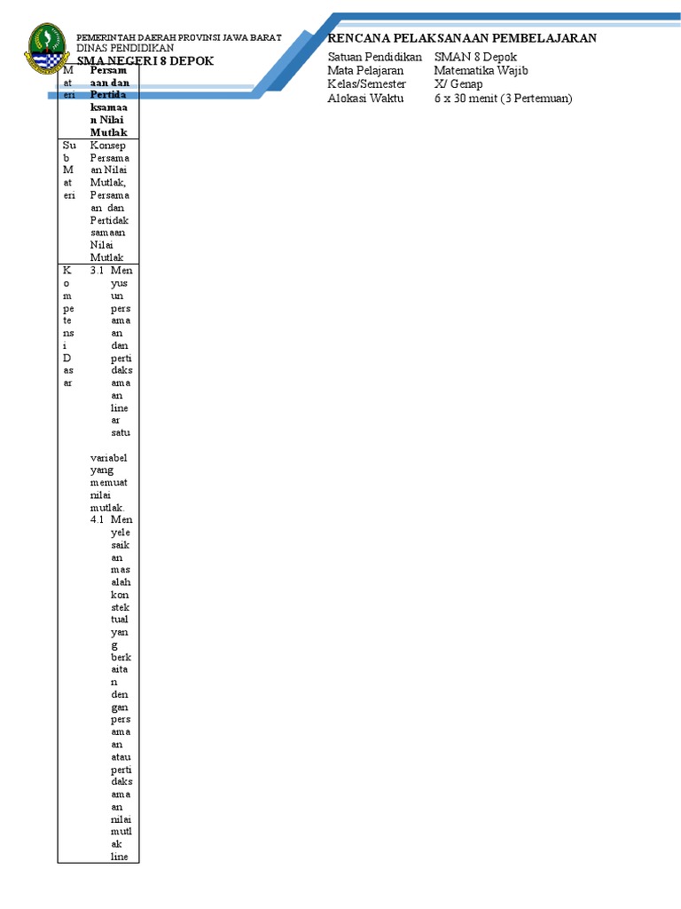 RPP Matwa - X - Persamaan Dan Pertidaksamaan Nilai Mutlak | PDF
