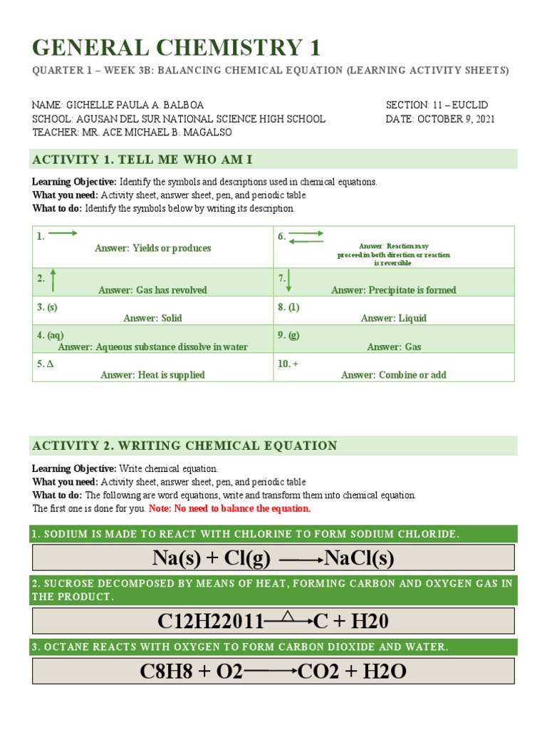 General Chemistry 1 Quarter 1 - Week 3B (Balancing Chemical Equation (Learning Activity Sheets ...