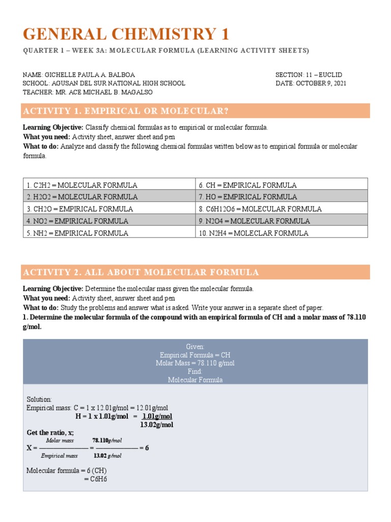 General Chemistry 1 Quarter 1 - Week 3a (Molecular Formula (Learning ...
