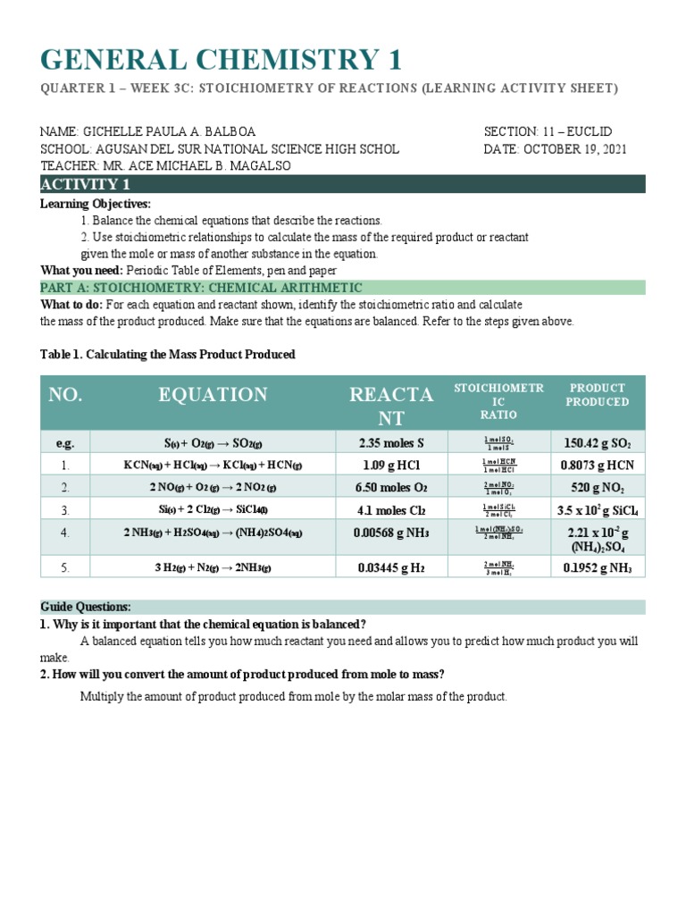 General Chemistry 1 Quarter 1 - Week 3C (Stoichiometry of Reactions (Learning Activity Sheet ...