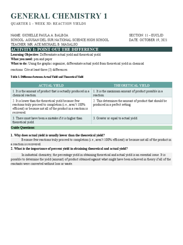 General Chemistry 1 Quarter 1 - Week 3D (Reaction Yields) | PDF